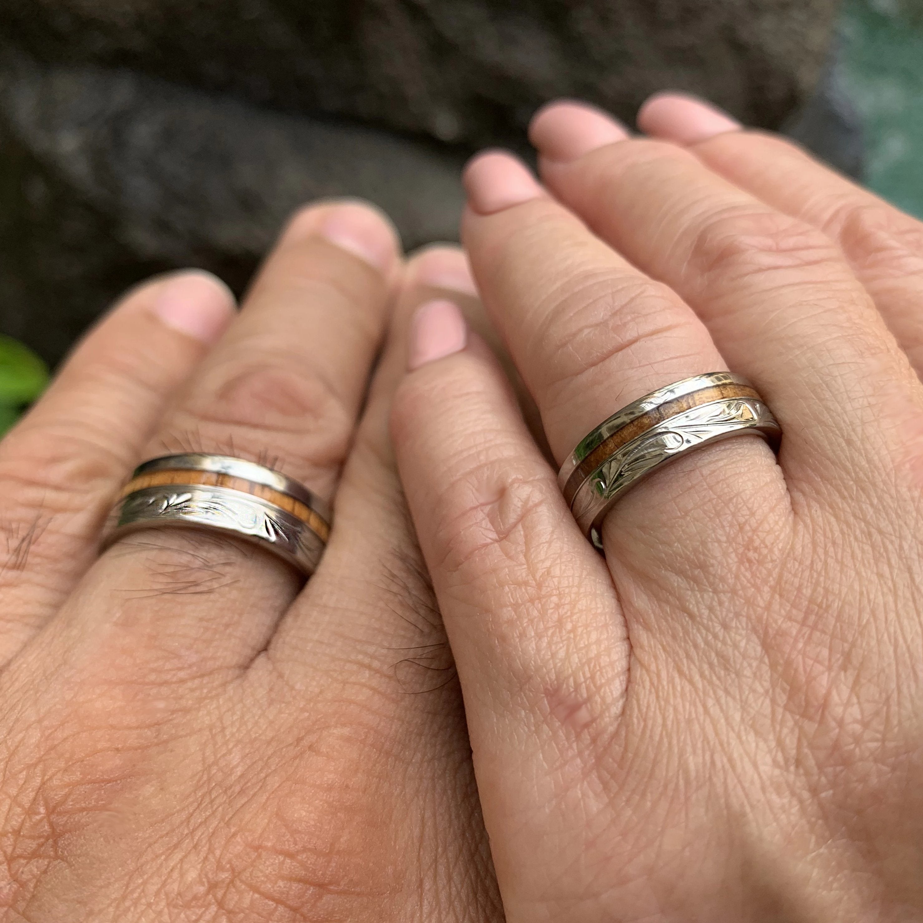 Koa Titanium Ring with Hawaiian Scroll Design – Showcase Hawaii